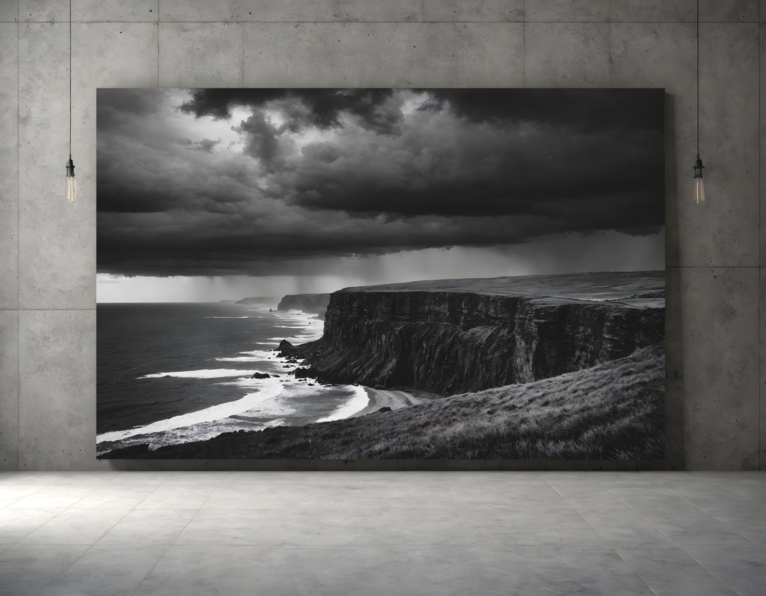 Stormy Cliffs Seascape Art, Dramatic Coastal Print, Monochrome Ocean ...