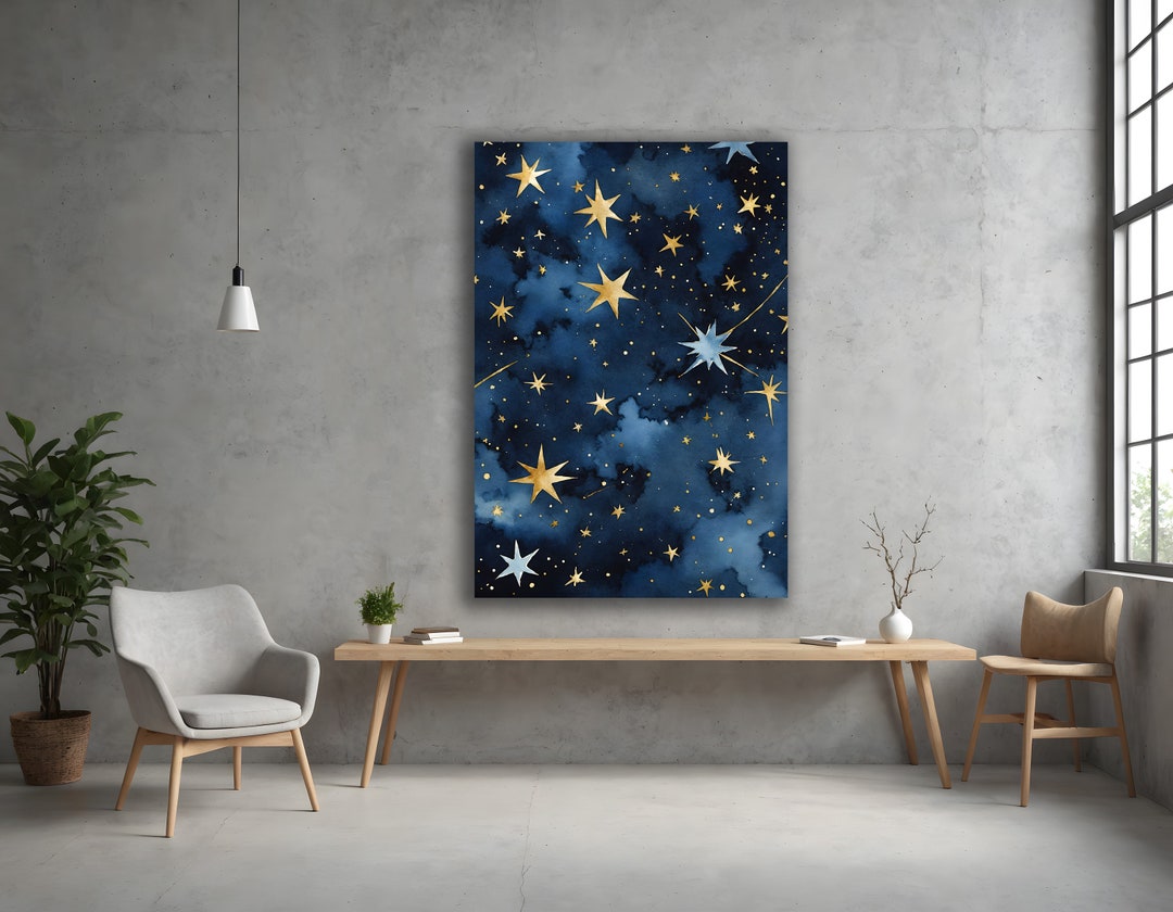 Celestial Night Starscape, Watercolor Galaxy Art, Golden Stars Night ...