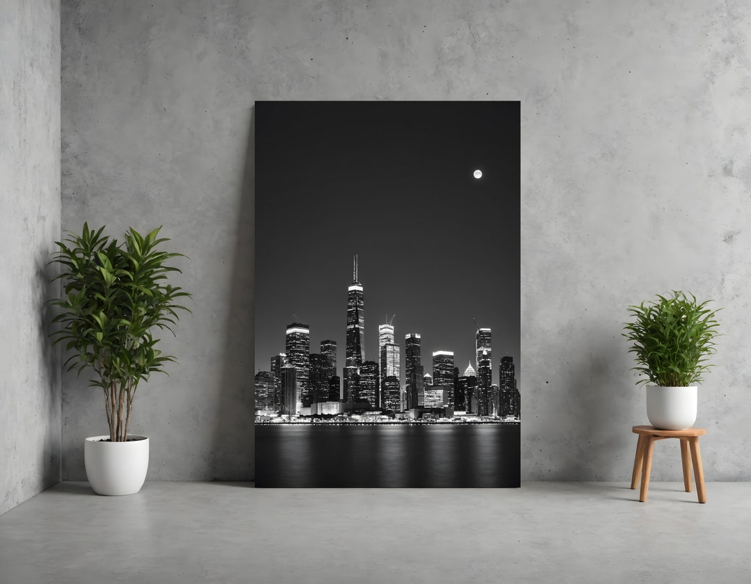 Monochromatic City Skyline Poster: Moonlit Urban Art - Etsy