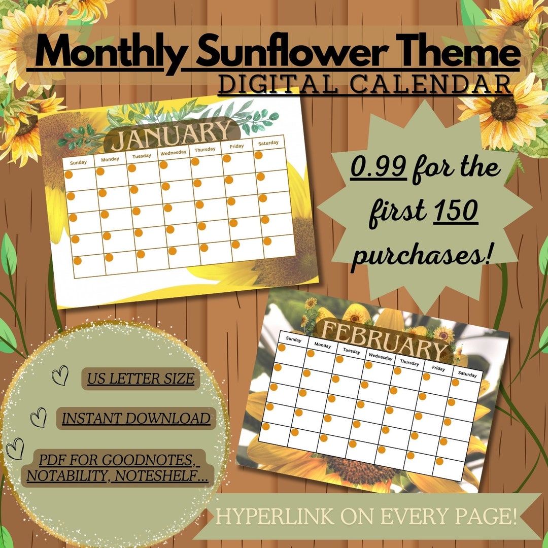 Sunflower Digital Monthly Planner, Undated Monthly Planner, Ipad ...
