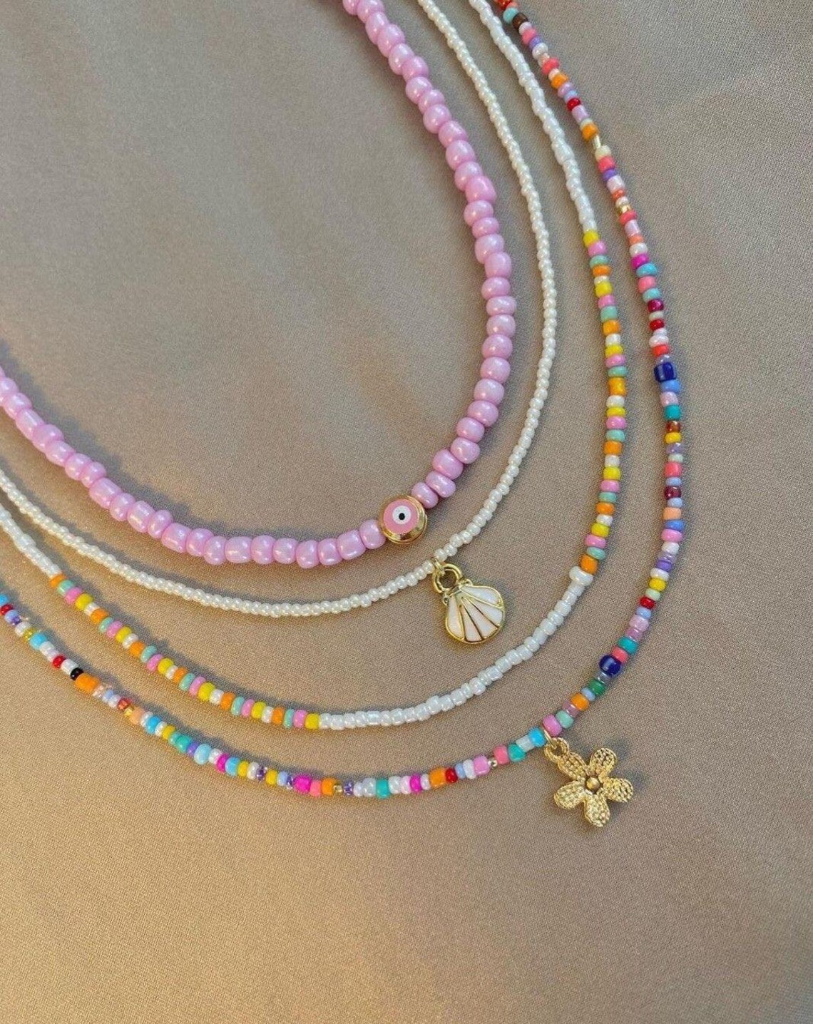 Set of FOUR Seed Bead Chokers / Pink Shell Necklace / VSCO / Necklace ...