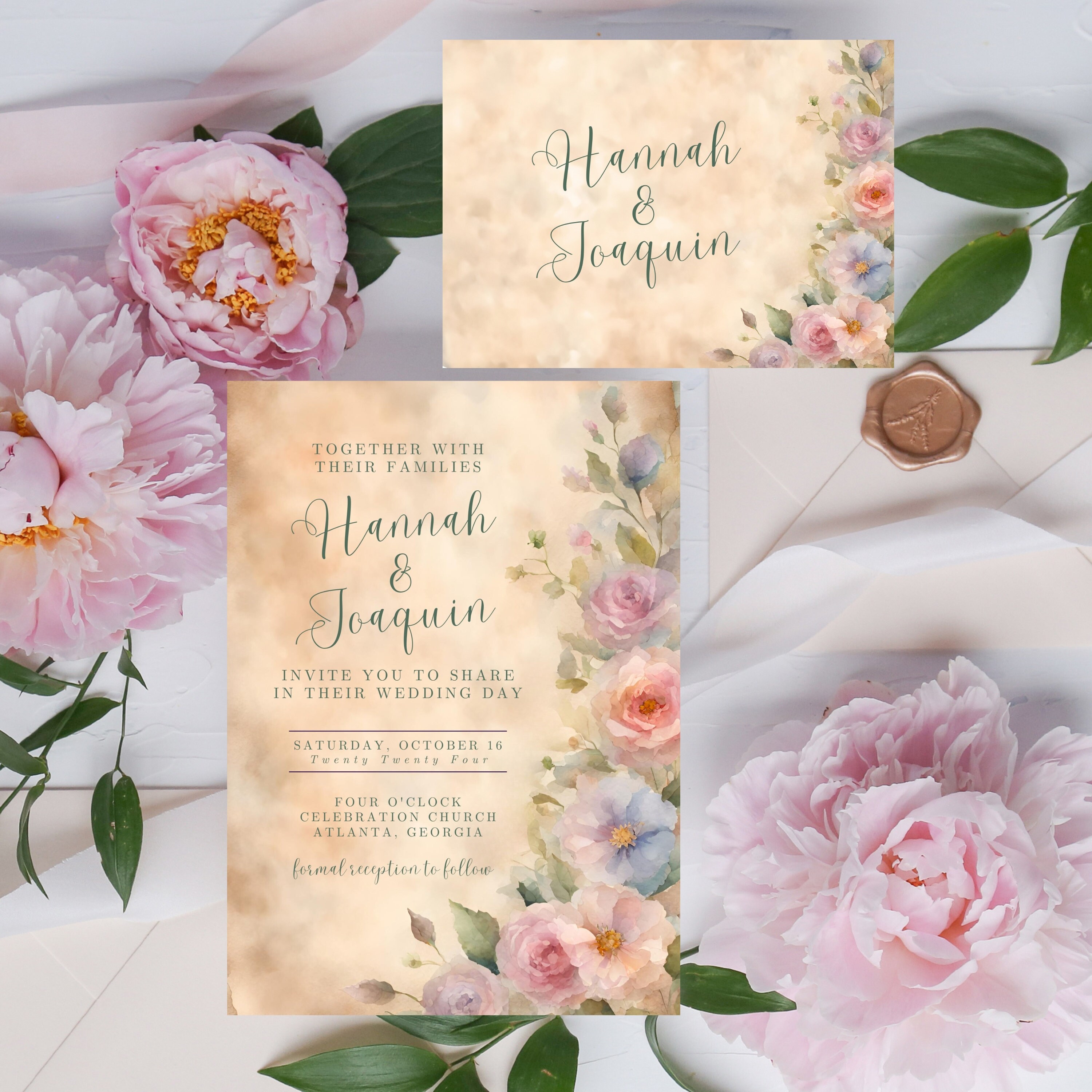 Hannah Watercolor Floral Cards, Printable Wedding Cards, Edit in Canva ...