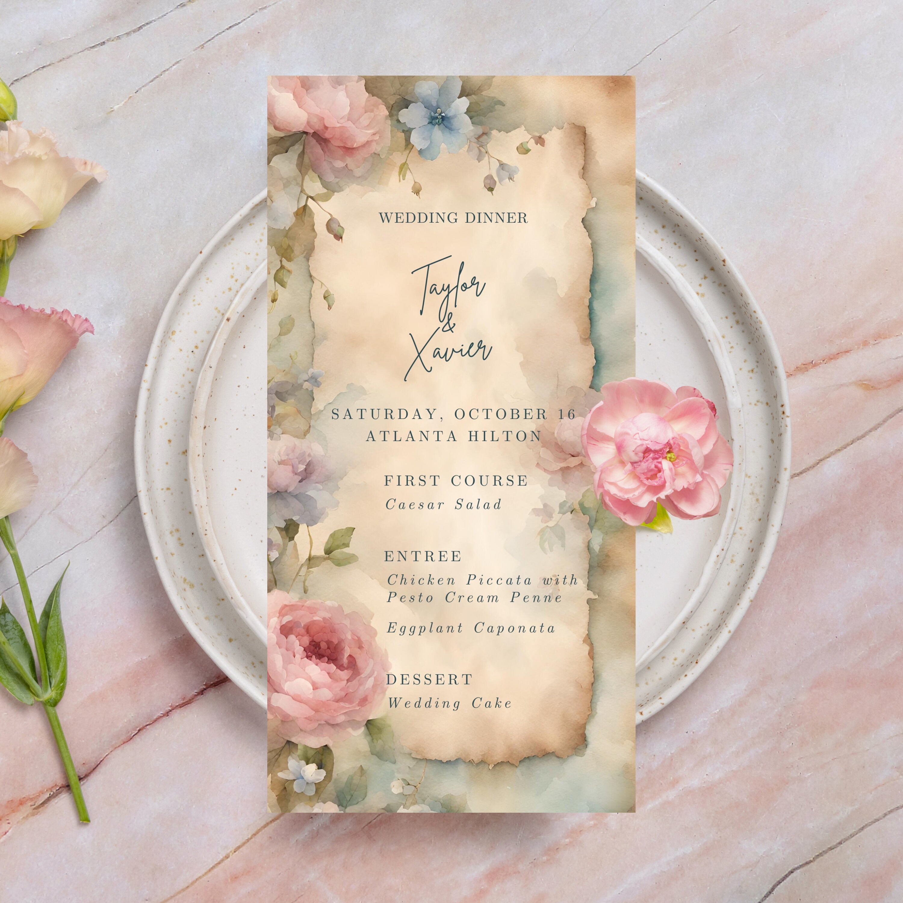 Taylor Watercolor Floral Menu, Printable Wedding Menu, Edit in Canva ...