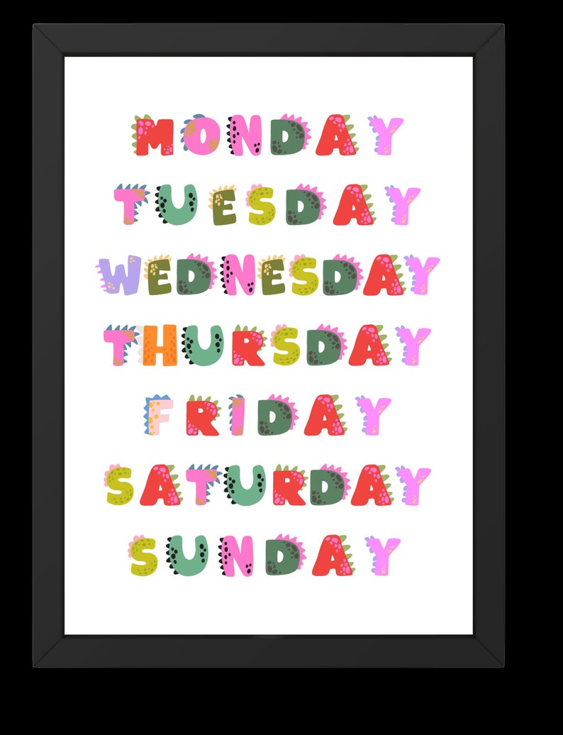 Dinosaur Themed Days of the Week Poster Multi-coloured. Children's Room ...
