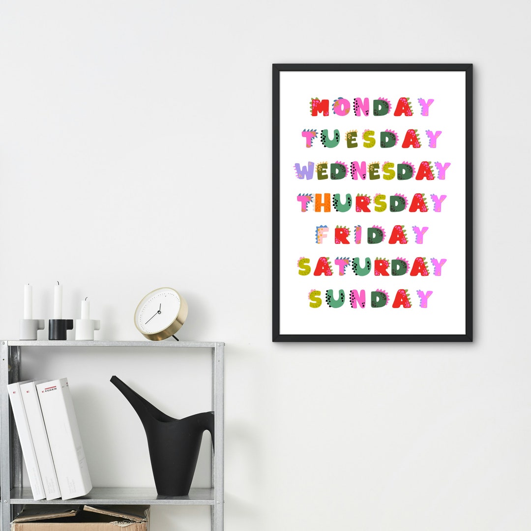 Dinosaur Themed Days of the Week Poster Multi-coloured. Children's Room ...