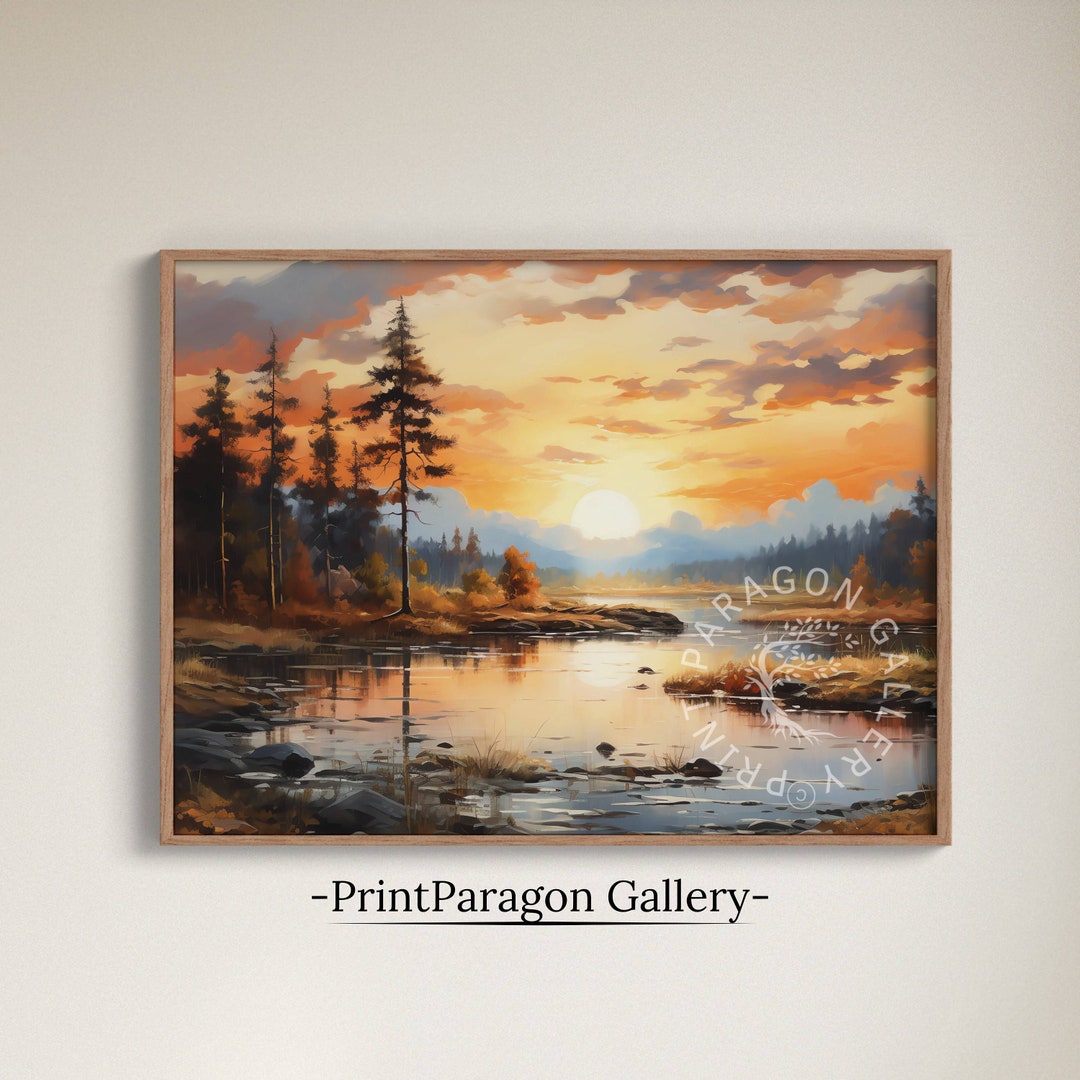 Fall Forest Sunset Painting Printable Watercolor Autumn Forest Wall Art ...
