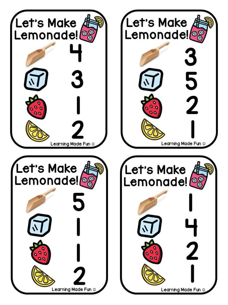Summer Lemonade Sensory Bin Cards Digital File Lemonade Counting Cards ...