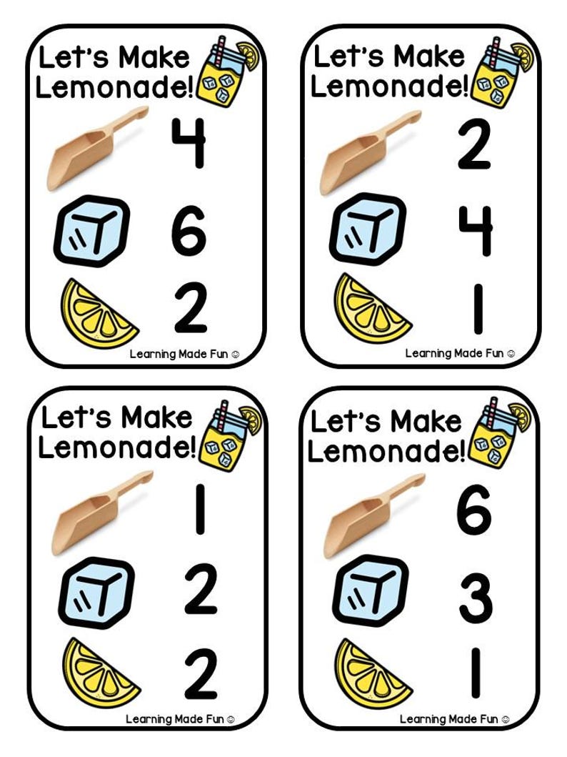 Summer Lemonade Sensory Bin Cards Digital File Lemonade Counting Cards ...