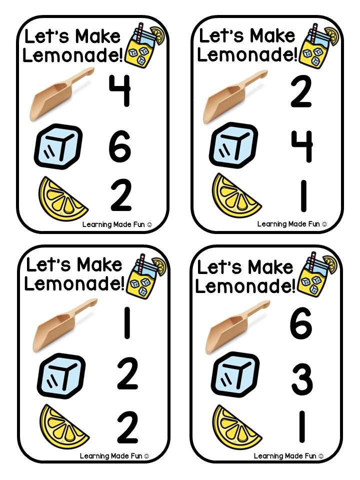Summer Lemonade Sensory Bin Cards Digital File Lemonade Counting Cards ...