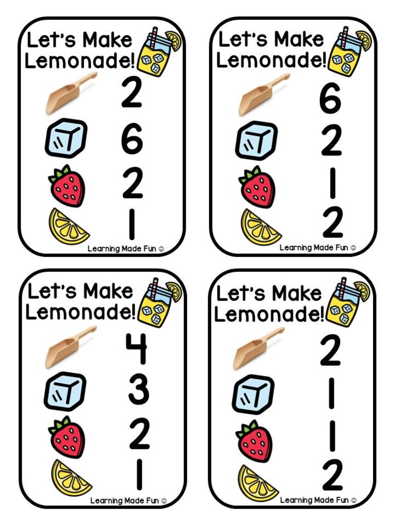 Summer Lemonade Sensory Bin Cards Digital File Lemonade Counting Cards ...