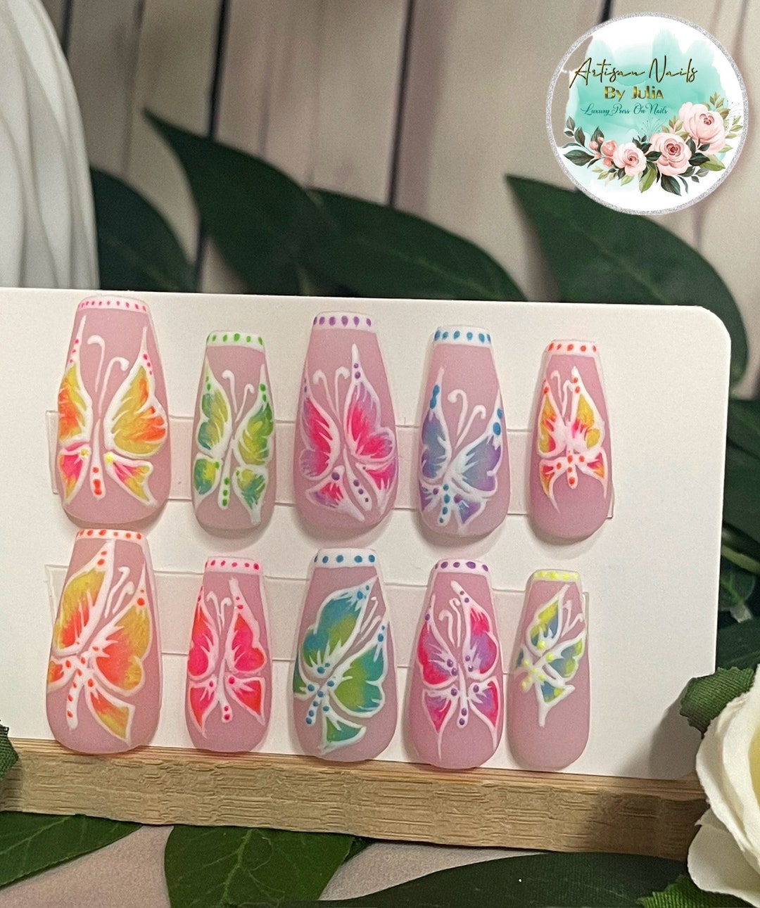 FLUTTERBY NEON - Gel Press on Nails - Set of 10 Neon Fire Nails - Made to Order - Almond Nails ...