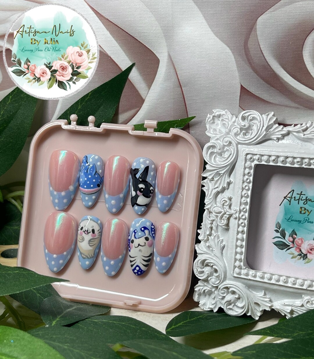 Ocean Babies Press on Nails – Glazed French Tip, Sea Animal Art - Etsy