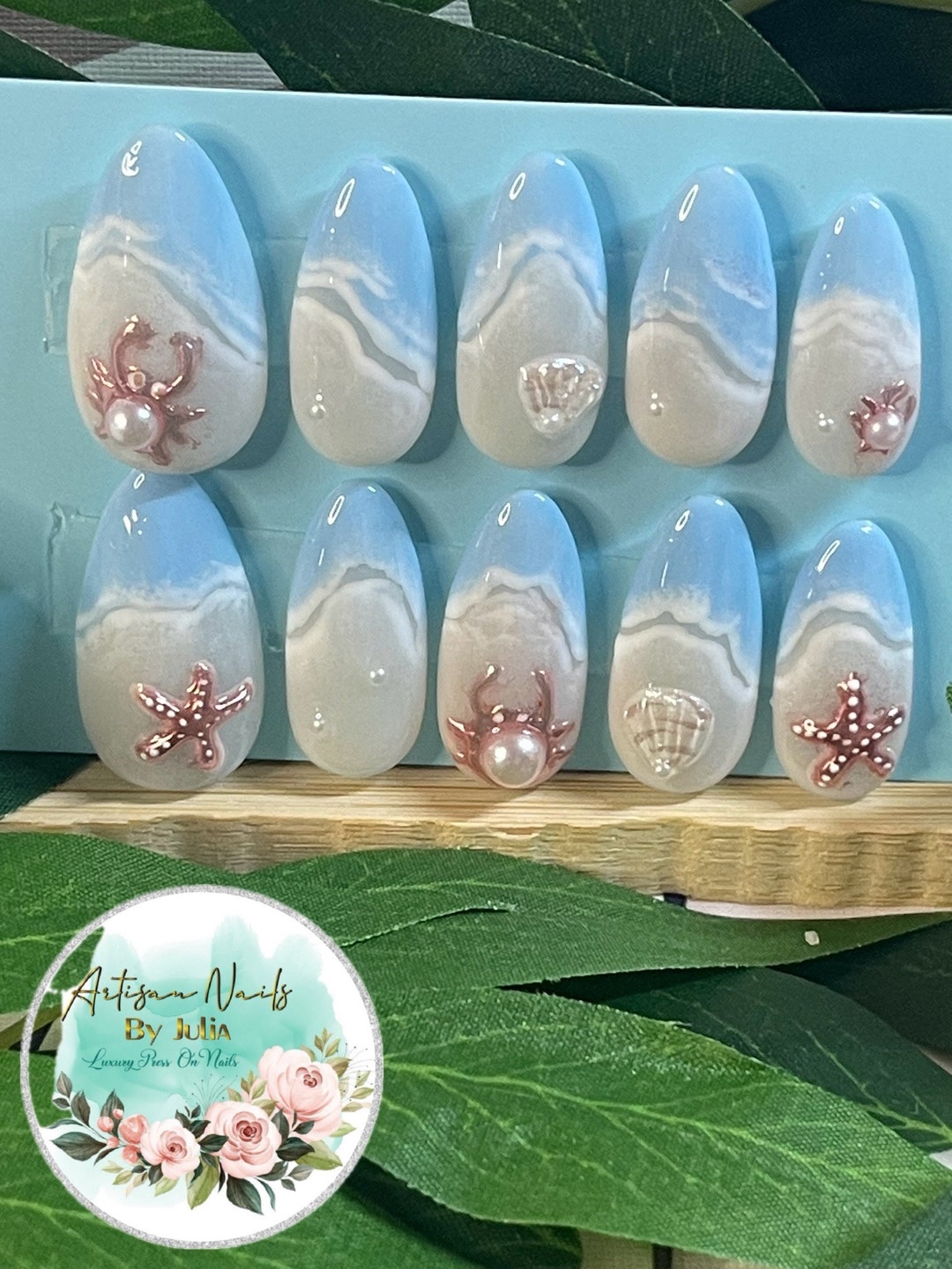 SHORELINE - Gel Press on Nails - Set of 3D Sea Shore Inspired Nails ...