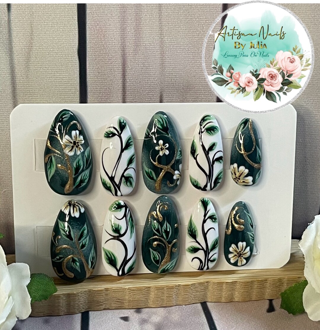 Vine Painted Press on Nails – Green Wedding Nails, Almond or Coffin - Etsy