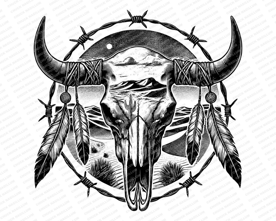 Cow Skull With Feathers | SVG PNG JPG | Rustic Digital Art ...