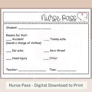 Printable Nurse Pass I Teacher Resources - Etsy