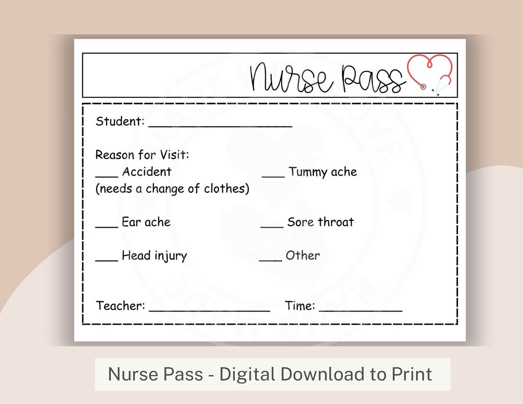 Printable Nurse Pass I Teacher Resources - Etsy