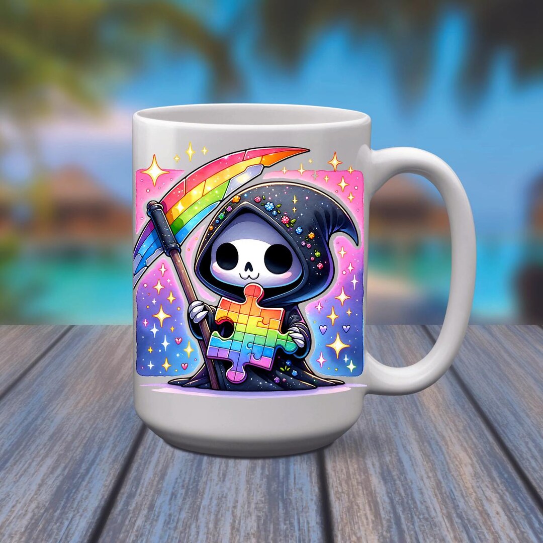Cute Grim Reaper Mug, Autism Awareness, Customizable Mug, 15 Ounce Mug ...