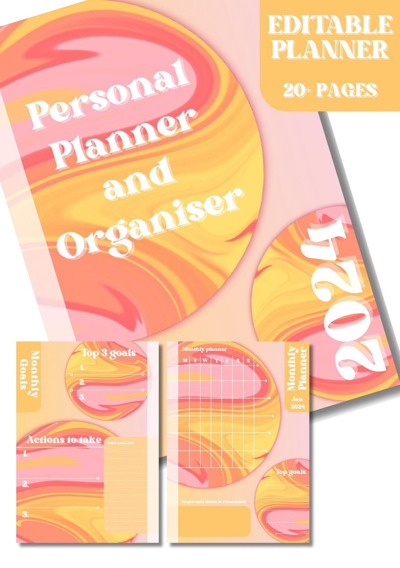 Pink & Yellow Groovy 2024 Personal Planner W/ White Font Yearly, Weekly ...