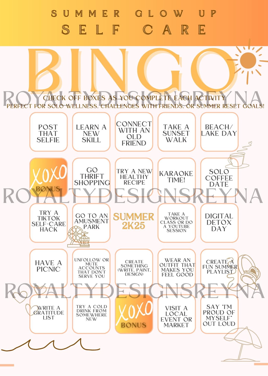Summer Self-care Bingo | Glow-up Challenge Tracker | Printable Wellness ...