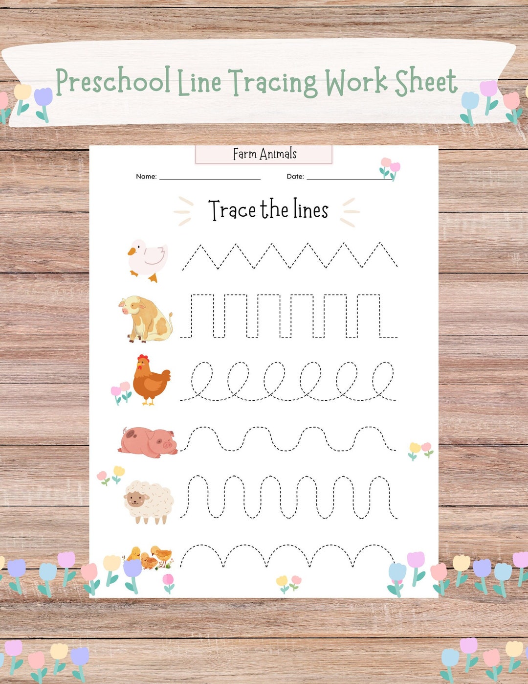 Trace the Lines Printable Farm Animals Tracing Cottagecore Kids ...