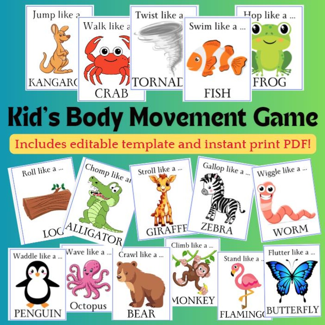 Movement Flash Cards Kids Body Movement Game, Group Game digital ...