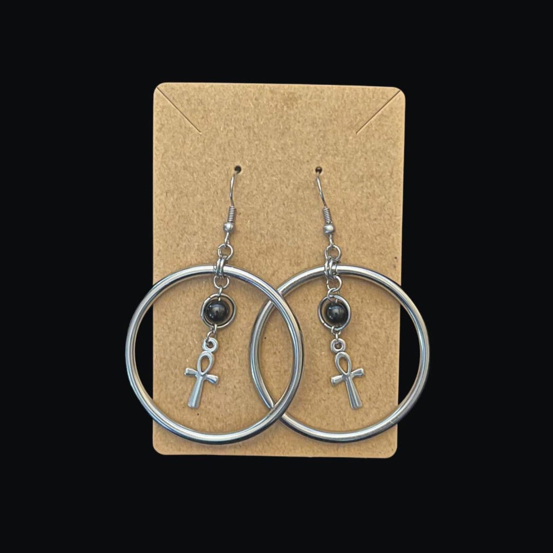 Obsidian Ankh Hoop Earrings Stainless Steel Gemstone Goth Jewelry ...