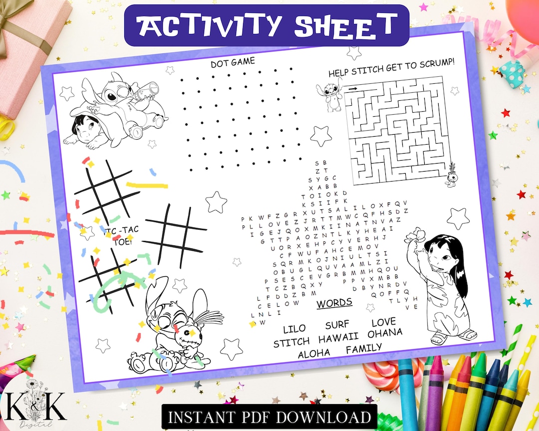 Stitch Kid Activity Placemat, Kids Placemat, Kids Coloring Sheet, Lilo ...