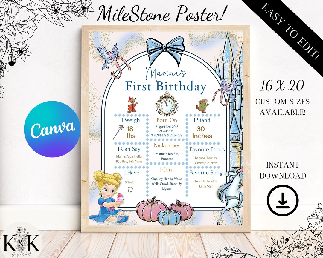 Cinderella Milestone Sign, Milestone Poster, Printable Baby First ...