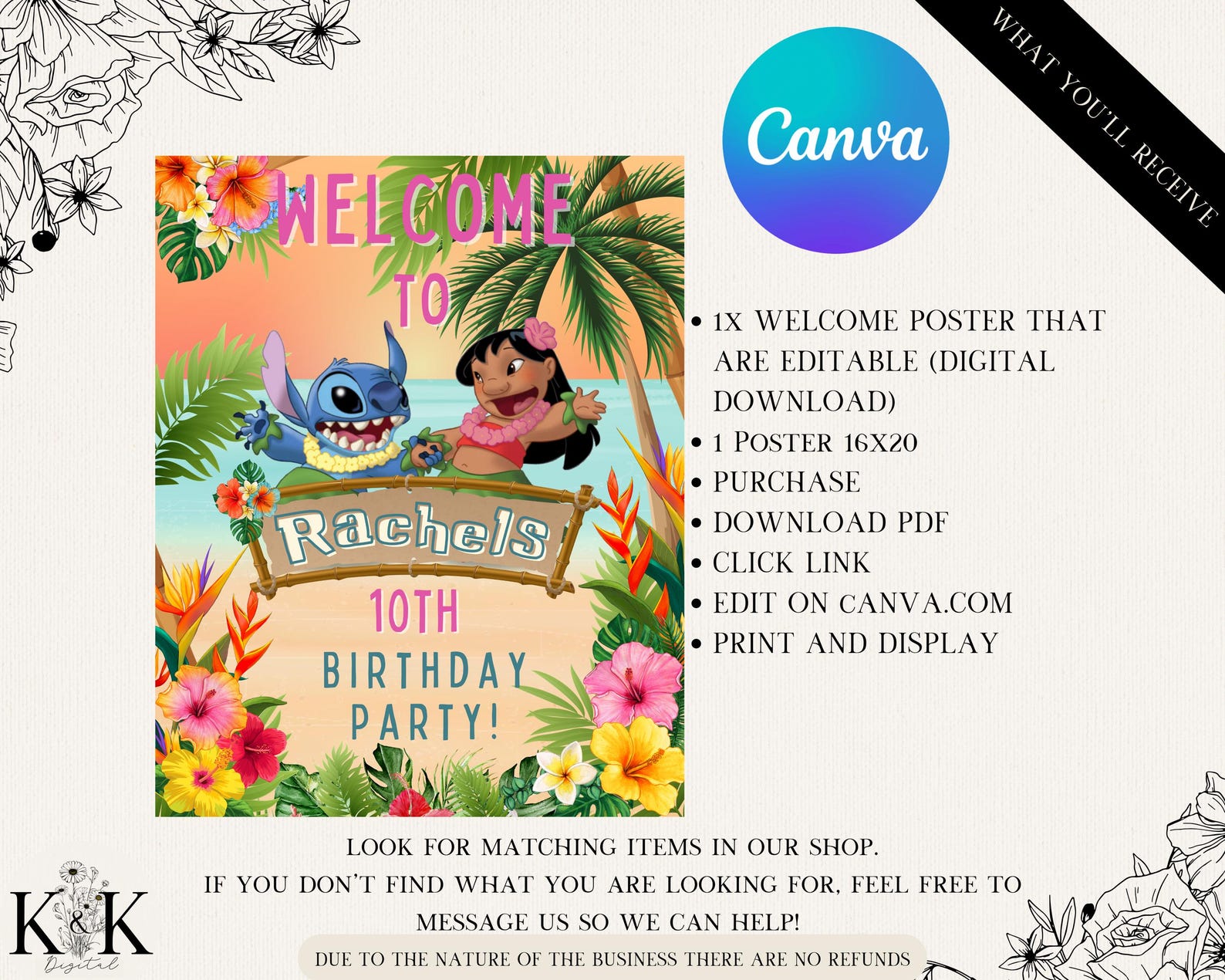 Lilo and Stich Tropical Party Welcome Sign, Stitch Luau Birthday Poster ...