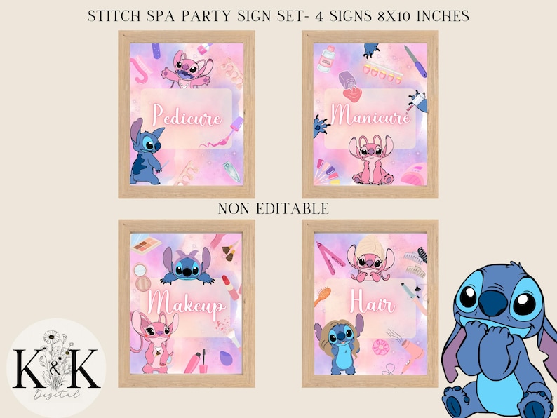Stich and Angel Spa Party Table Signs, Stitch Party Poster, Birthday ...