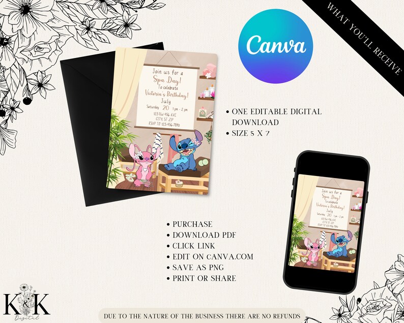 Stich and Angel Spa Party Invitation, Stitch Makeup and Spa Birthday ...