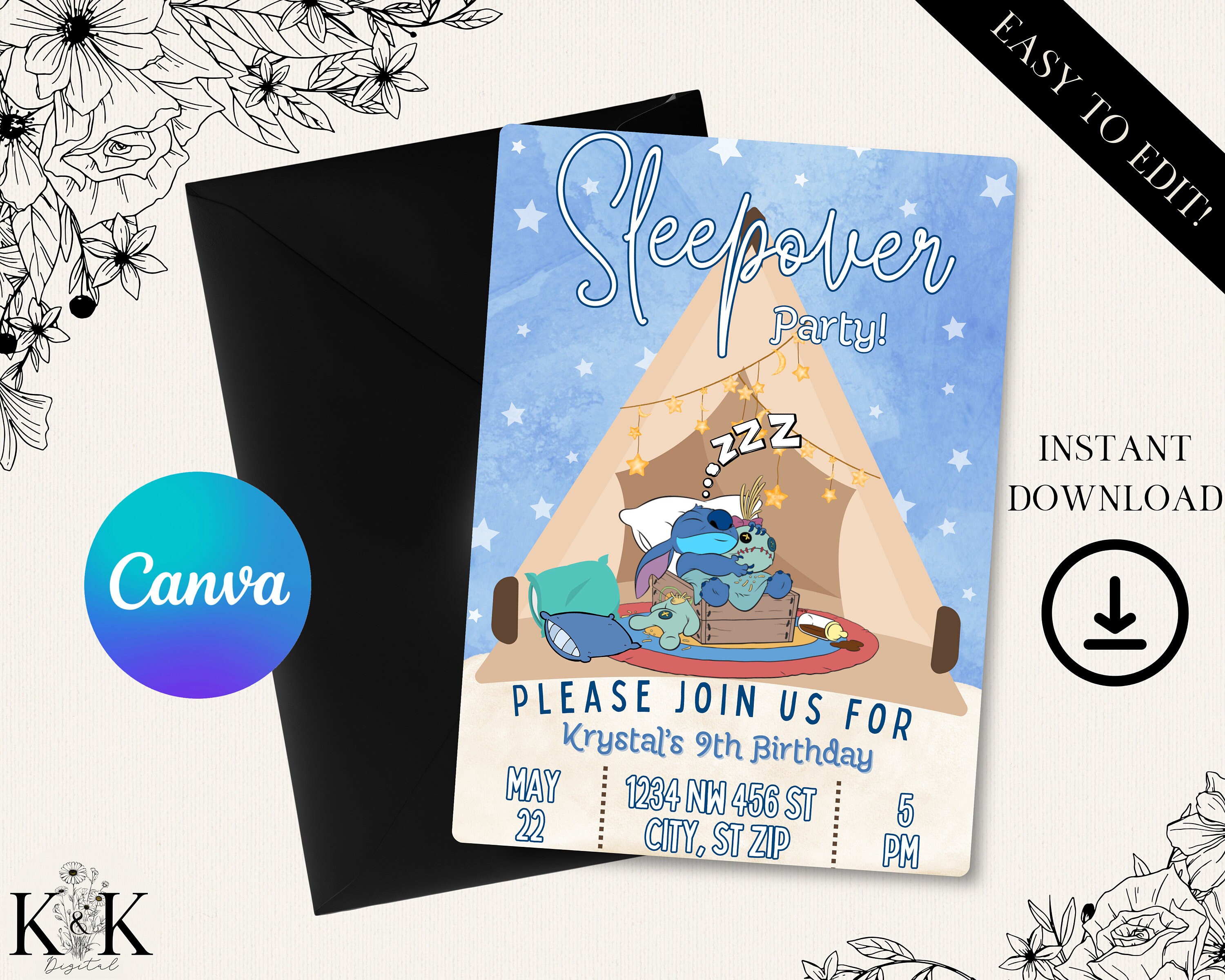 Stich Slumber Party Birthday Invitation, Stitch Sleepover Birthday ...