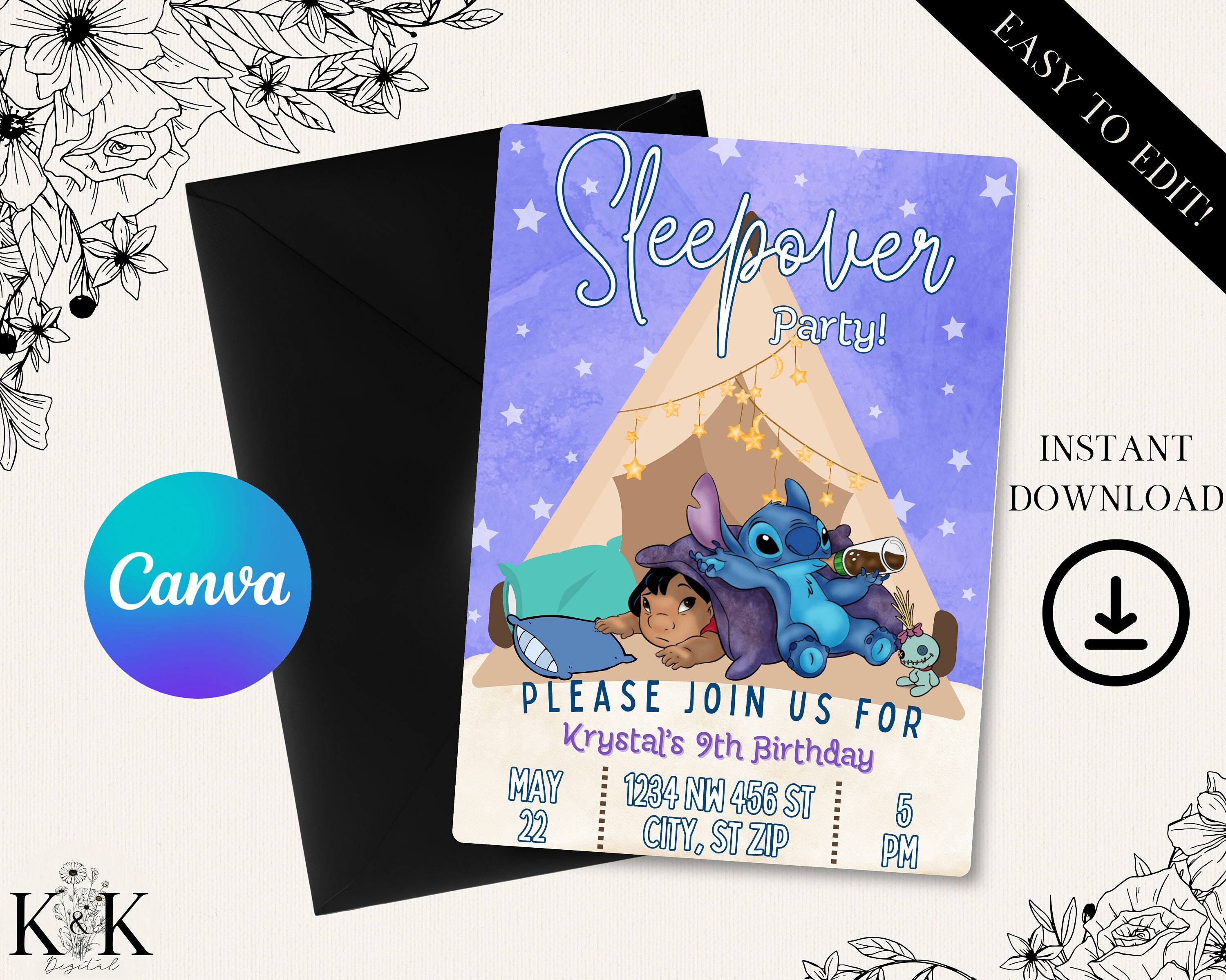 Lilo and Stich Slumber Party Invitation, Stitch Sleepover Birthday ...