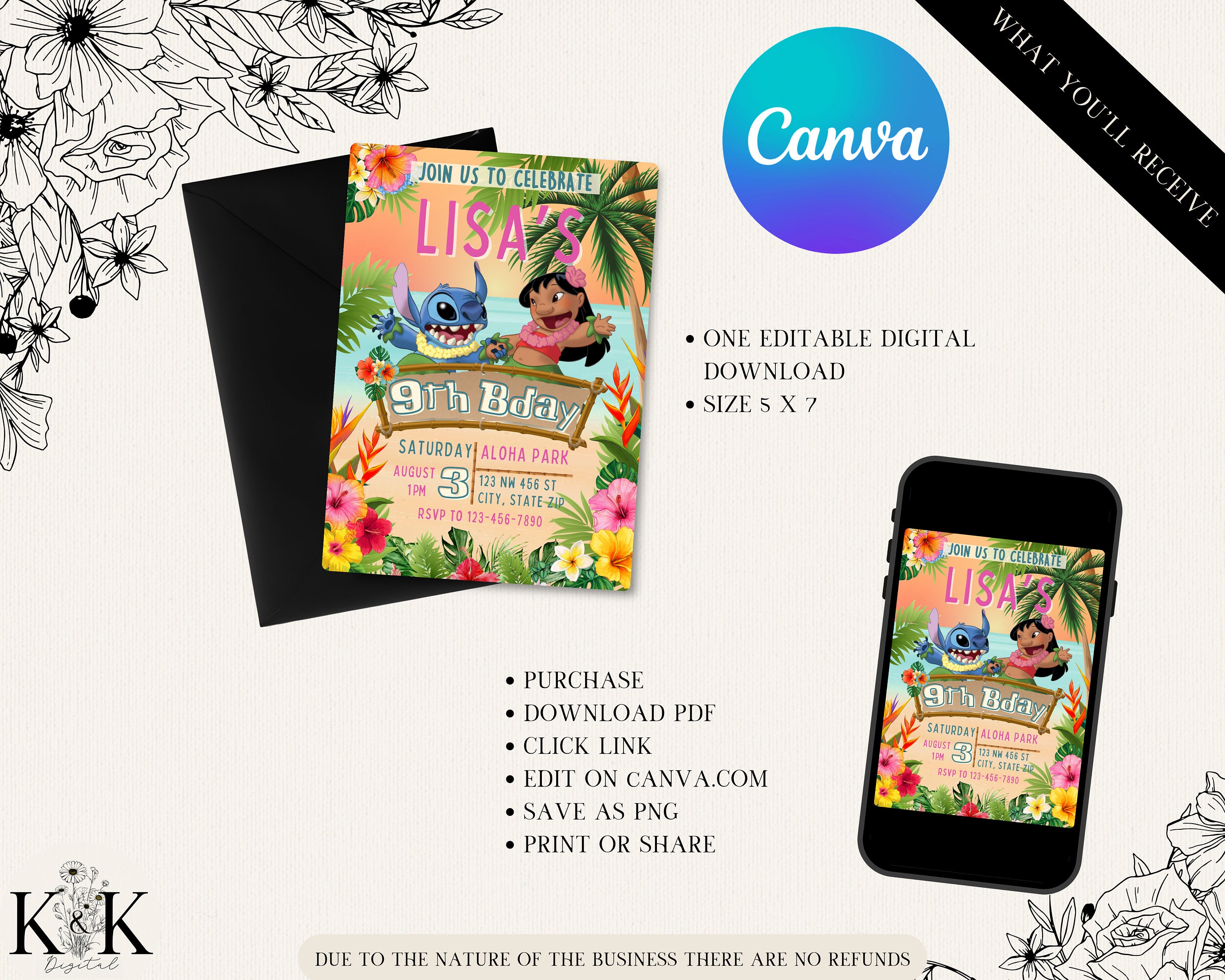 Lilo and Stitch Birthday Invitation - Editable Digital File - Tropical ...
