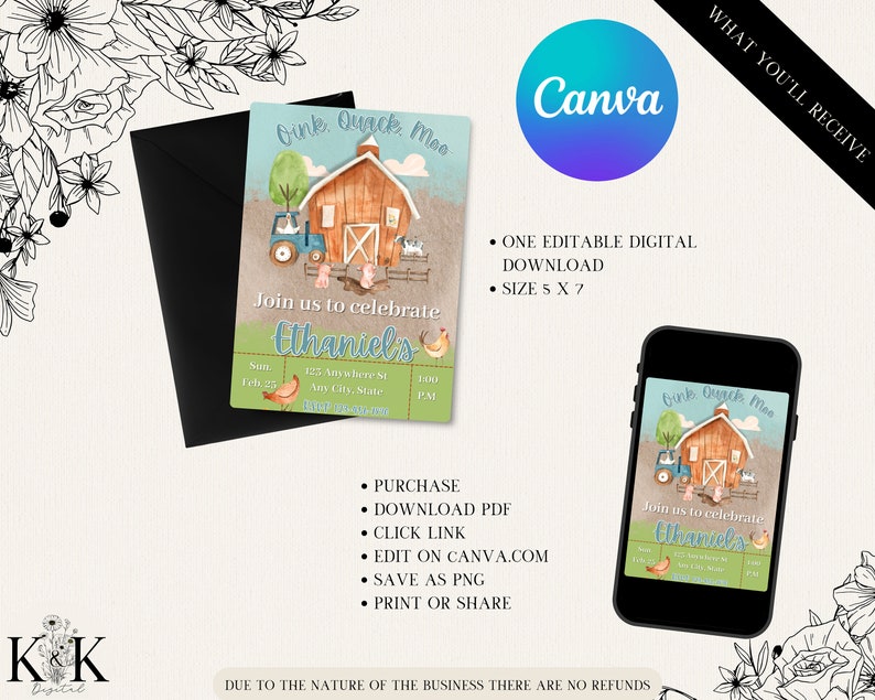 Editable Farm Theme Birthday Invitation - Digital Download - Barnyard ...