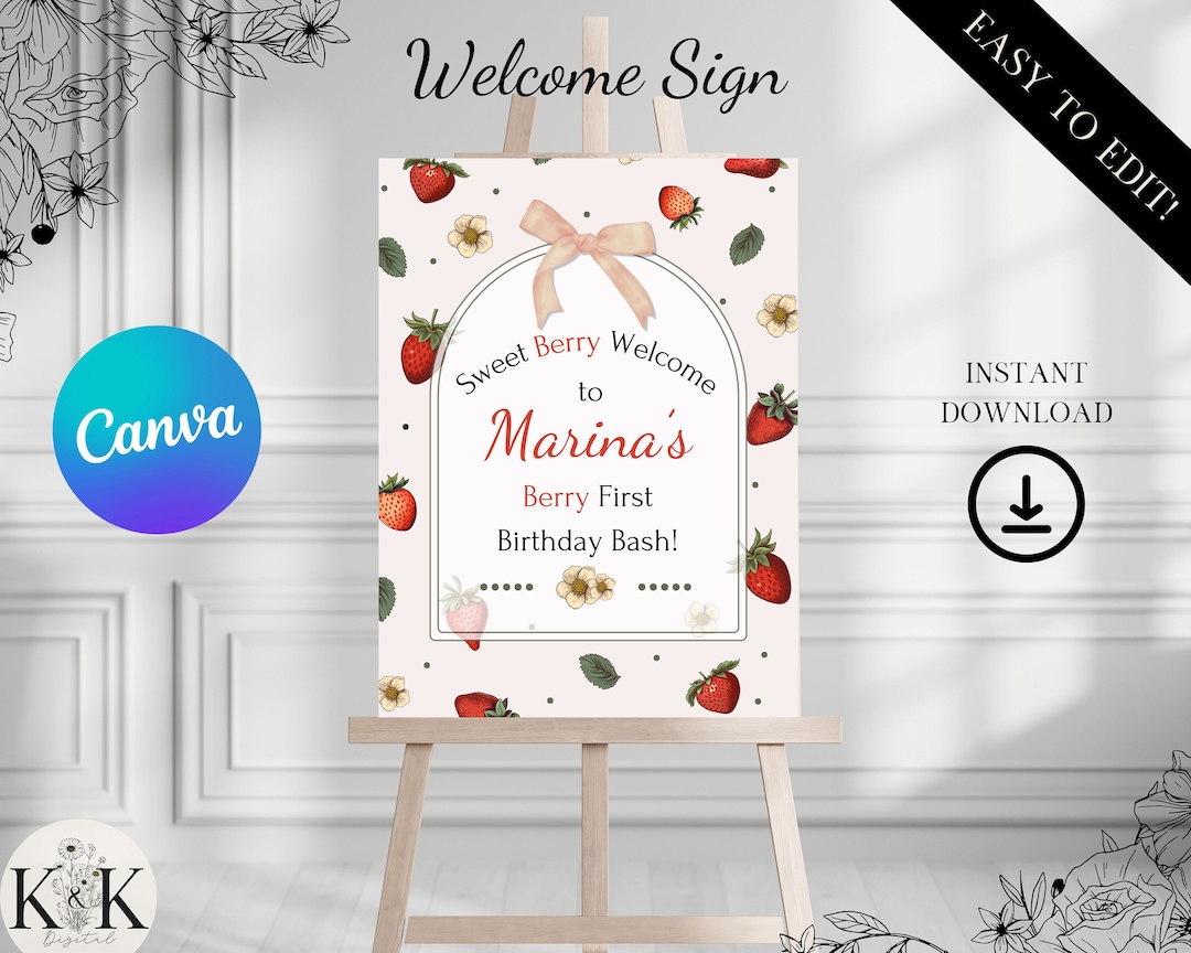 Strawberry Theme Birthday Welcome Poster Berry First Berry Sweet ...