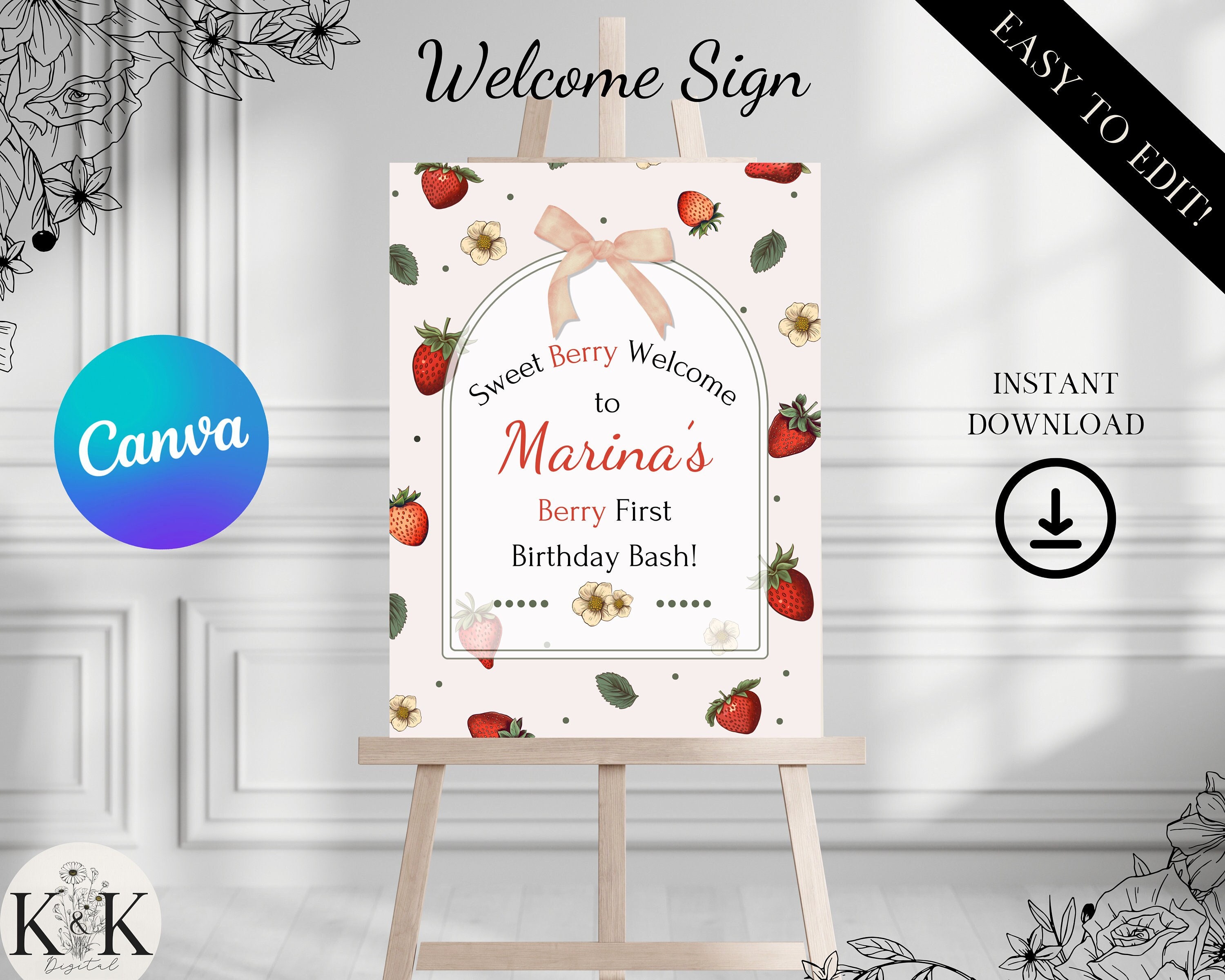 Strawberry Theme Birthday Welcome Poster Berry First Berry Sweet ...