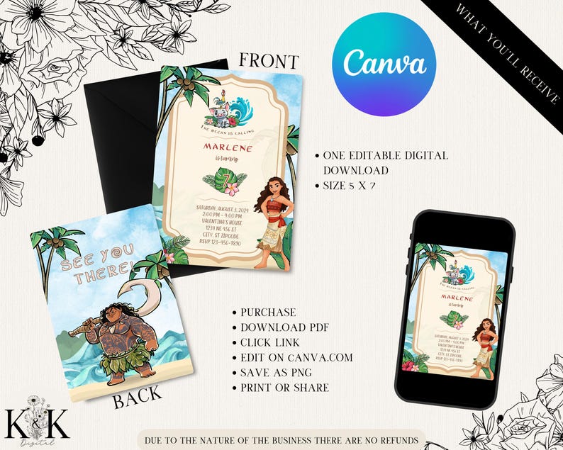 Editable Moana Birthday Invitation, Printable Moana Birthday Invite ...