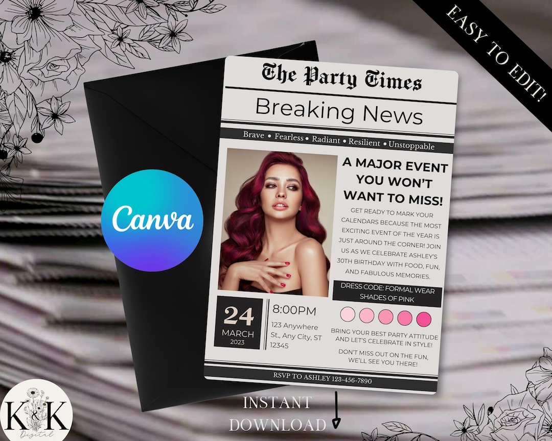 Newspaper-themed Birthday Digital Invitation, Customizable Printable ...