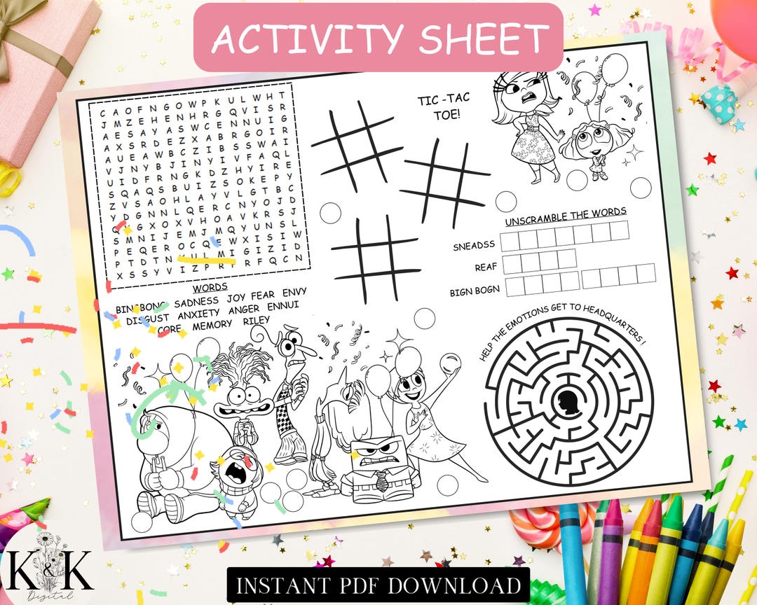 Inside Out Activity Placemat, Kids Placemat, Kids Coloring Sheet ...