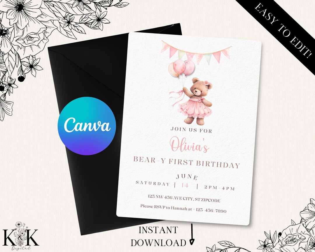 Bear-y First Birthday Invitation, Bear Birthday Invitation, Teddy Bear ...
