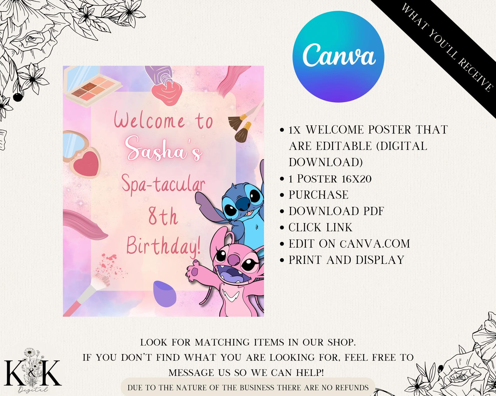 Stich and Angel Spa Party Welcome Sign, Stitch Party Poster, Birthday ...