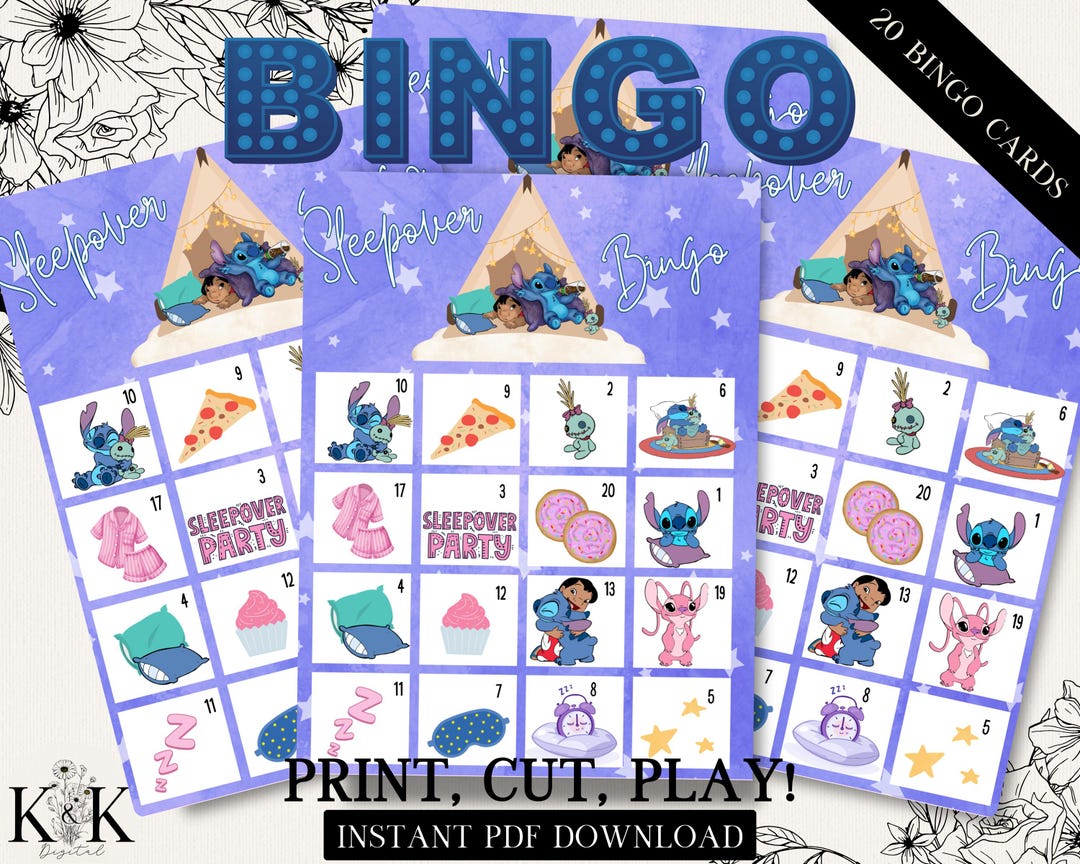 Stitch Slumber Party Bingo, Pajama Party Bingo, Sleepover Bingo, 20 ...