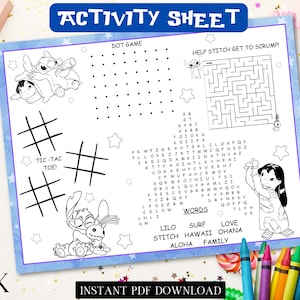 Stitch Kid Activity Placemat, Kids Placemat, Kids Coloring Sheet, Lilo ...
