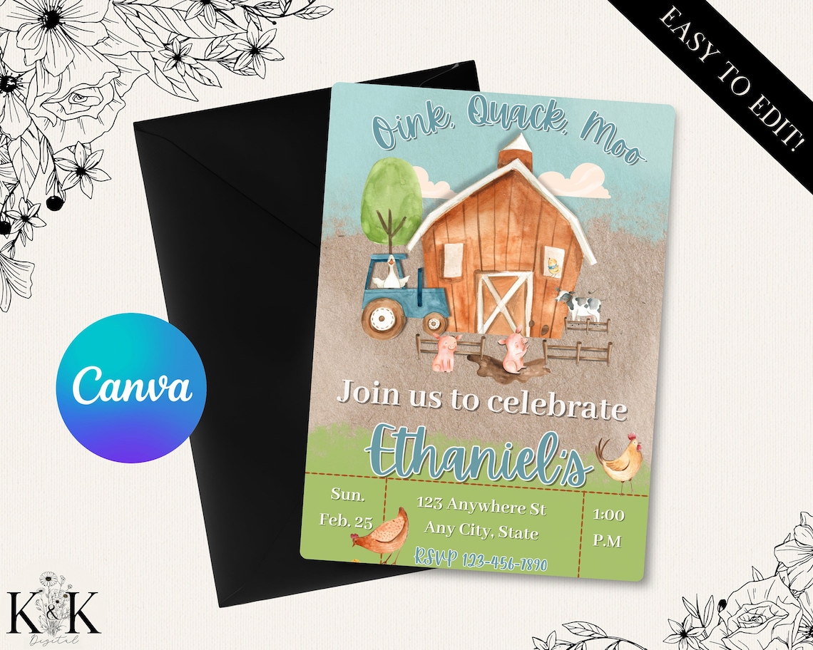 Editable Farm Theme Birthday Invitation - Digital Download - Barnyard ...