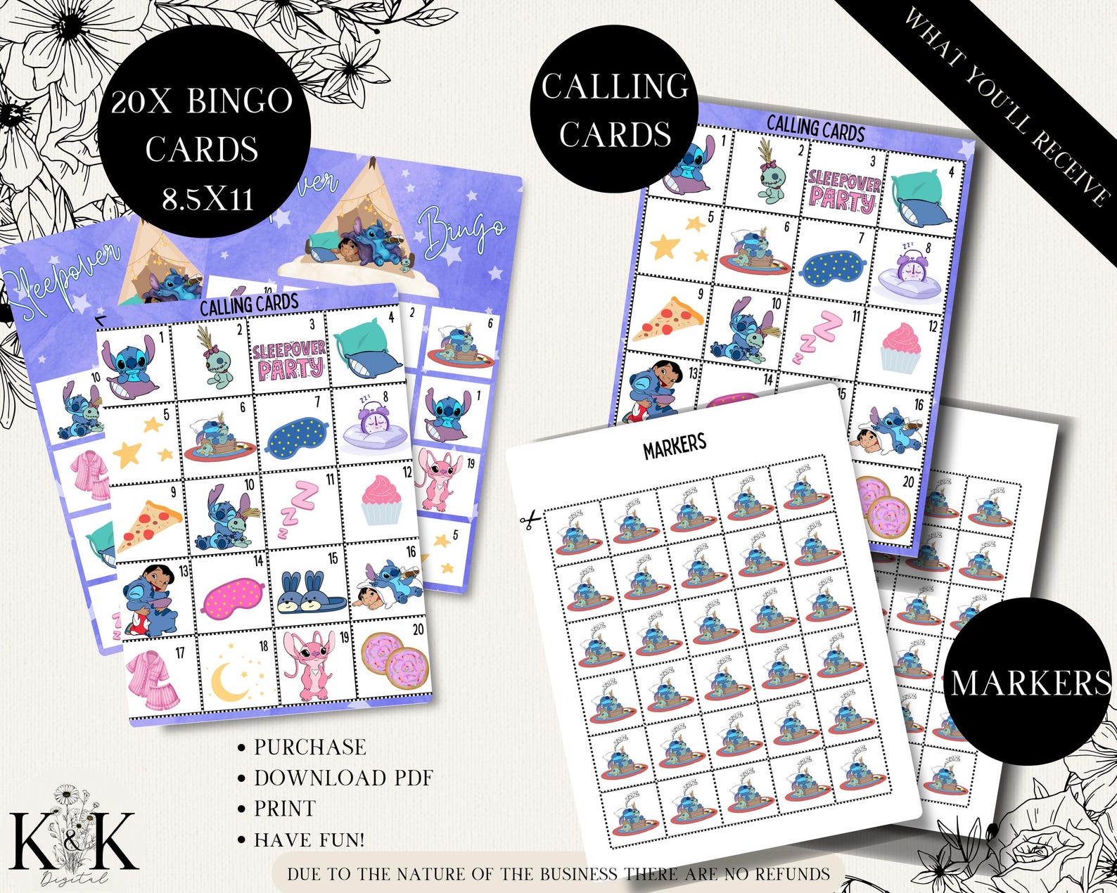 Stitch Slumber Party Bingo, Pajama Party Bingo, Sleepover Bingo, 20 ...