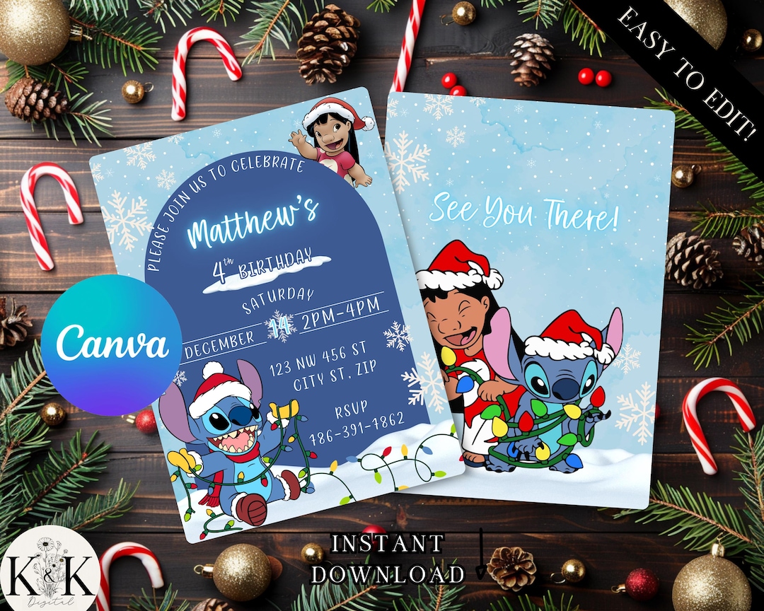 Lilo and Stich Christmas Party Invitation, Stitch Winter Birthday ...