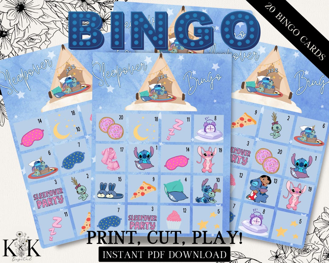 Stitch Slumber Party Bingo, Pajama Party Bingo, Sleepover Bingo, 20 ...
