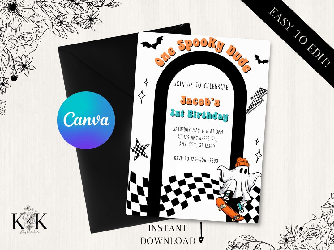 One Spooky Dude Birthday Invitation, Halloween Skate Ghost Party ...